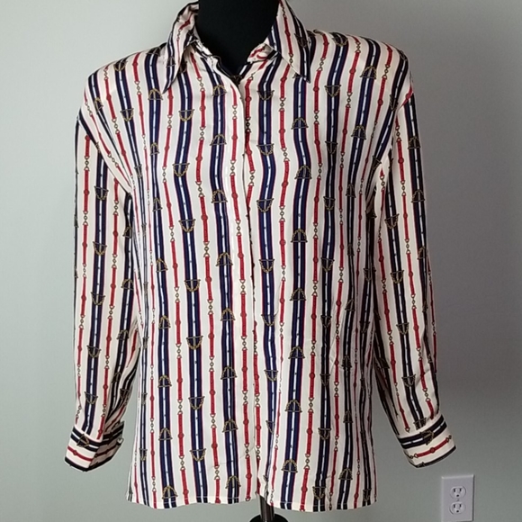 Vintage | Tops | Vintage Equestrian Horse Bit Stripe Silk Blouse | Poshmark